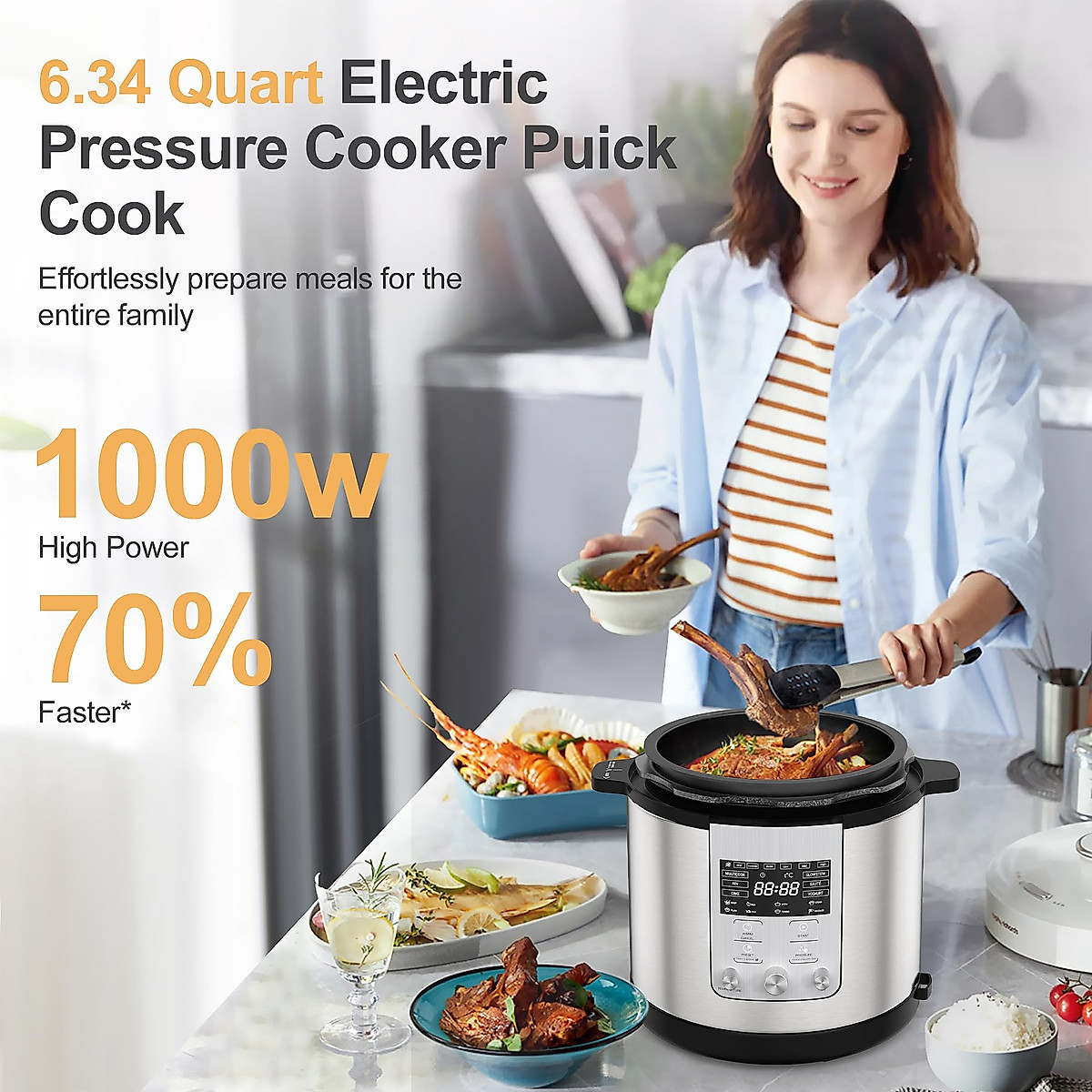 GIHETKUT 14-in-1 Electric Pressure Cooker, 6.3 Quart Multi Cooker, Rice Slow Cooker with Knob, Steamer, Sauté, Yogurt Maker, Cake Maker, Warmer & Sterilizer, Stainless Steel