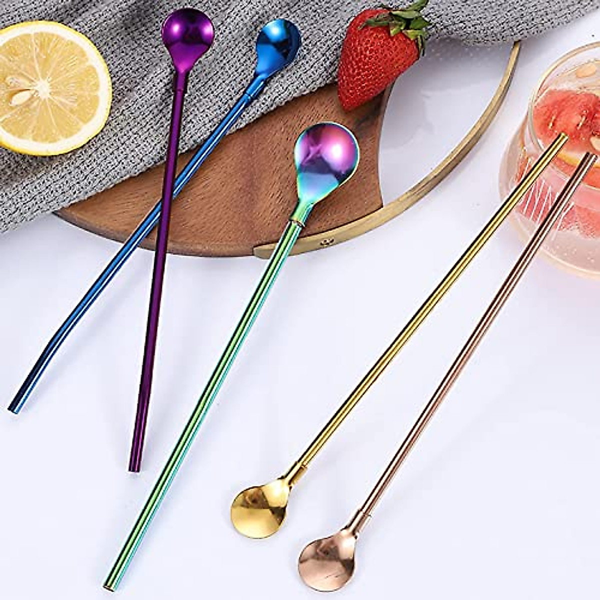 14Pcs Straws Spoon, BetterJonny Stainless Steel Drinking Spoon Straws 2 in 1 Long Handle Reusable Straws Spoon with 2 Cleaning Brushes for Latte Macchiato (7 Color)