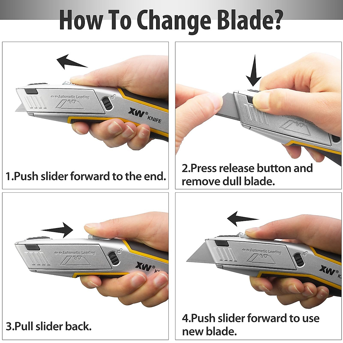 XW Heavy Duty Auto-loading Utility Knife,3-position Retractable Box Cutter with Total 5 Blades