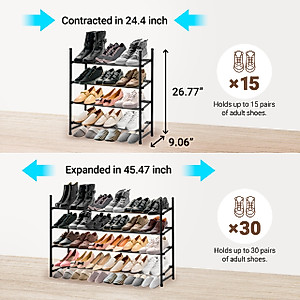 ikloo 4-Tier Shoe Rack for Closet and Entryway | Expandable and Stackable Shoes Organizer for Small Spaces | Adjustable Metal Shoe Shelf for Shoe Storage | Fit Up to 30 Pairs of Shoes | Black
