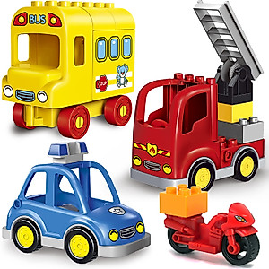 Liberty Imports 4-Pack City Vehicles Transportation Set, Big Building Blocks Compatible with Lego DUPLO - Includes Police Car, Fire Truck, School Bus, Motorcycle Toys for Kids, Toddlers
