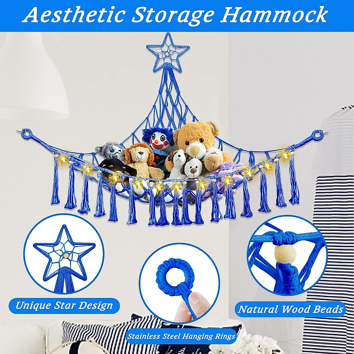 Stuffed Animal Net or Hammock, Macrame Stuffed Animal Hammock, Hanging Stuffed Animal Storage Boho Wall Corner Hammock Organizer, Toy Hammock for Nursery Play Room Kids Bedroom