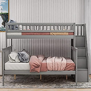 DNYN Stairway Twin-Over-Full Bunk Bed with Storage Shelves & Guardrail for Dorm,Kids Bedroom,Solid Pine Wood Bedframe,Space Saving Design & No Box Spring Needed, Grey