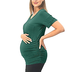 SUNNYBUY 3 Pack Womens Maternity Tops Side Ruched Maternity Shirts Pregnancy Clothes V Neck,Black&White&Green-M
