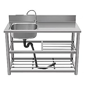 Stainless Steel Kitchen Sink Catering Sink Single Bowl Compartment Workbench Sink with Workbench and Storage Shelves with Faucet for Garage Commercial Restaurant Kitchen Laundry Room. (Color : Hot an