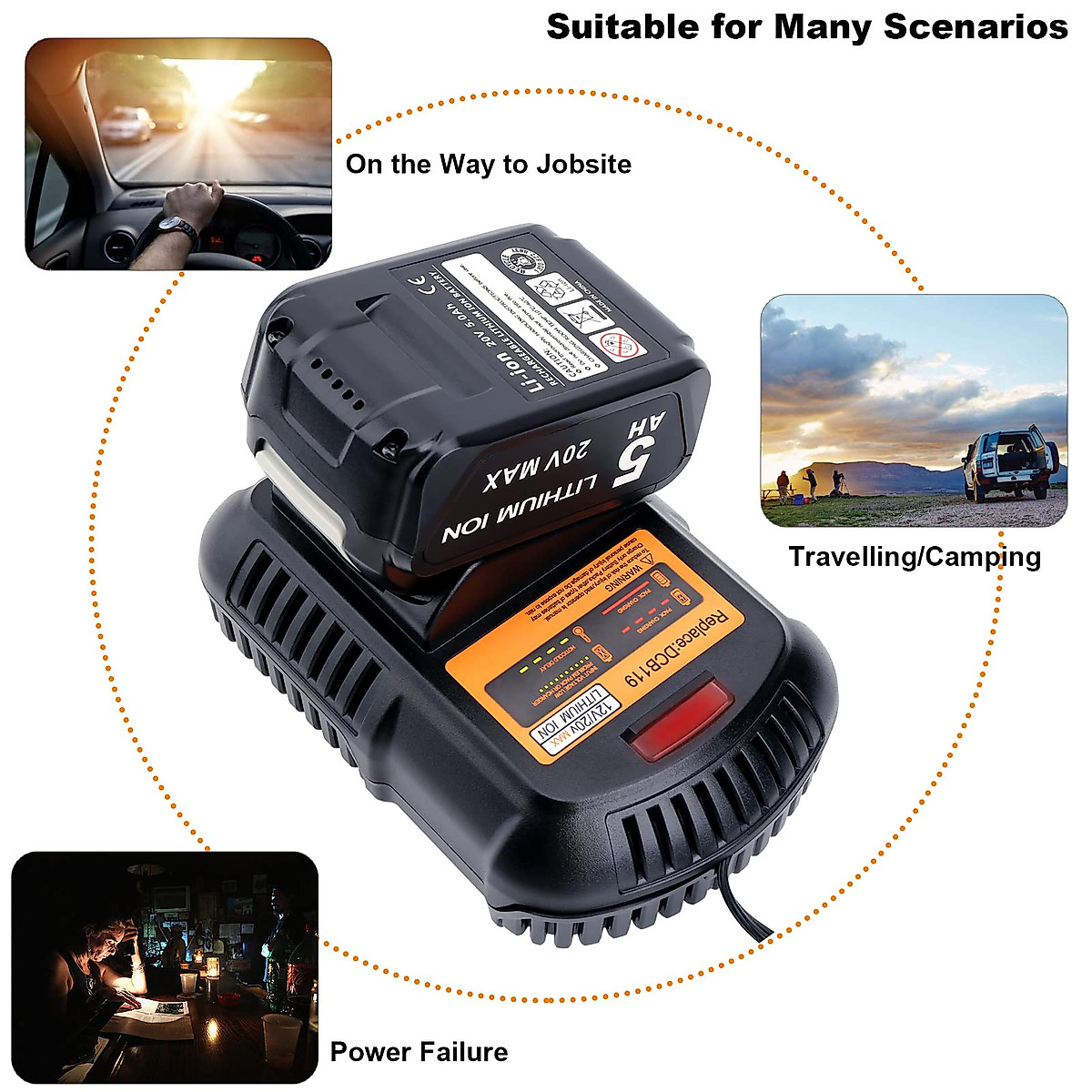 Kotoate DCB119 Car Battery Charger Compatible with 12V, 20V & 60V MAX Lithium Ion Battery DCB203 DCB201 DCB204 DCB206 DCB606 DCB609 DCB120 Replacement for 20V MAX Vehicle Charger
