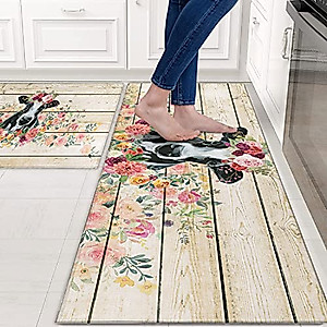 Cow Print Rugs for Kitchen Floor, Farmhouse Kitchen Mats Cushioned Anti Fatigue 2 Piece Set, Memory Foam Kitchen Mat Set of 2 and Kitchen Runner Rug Washable for Home Kitchen Decor 17"x30"+17"x47"