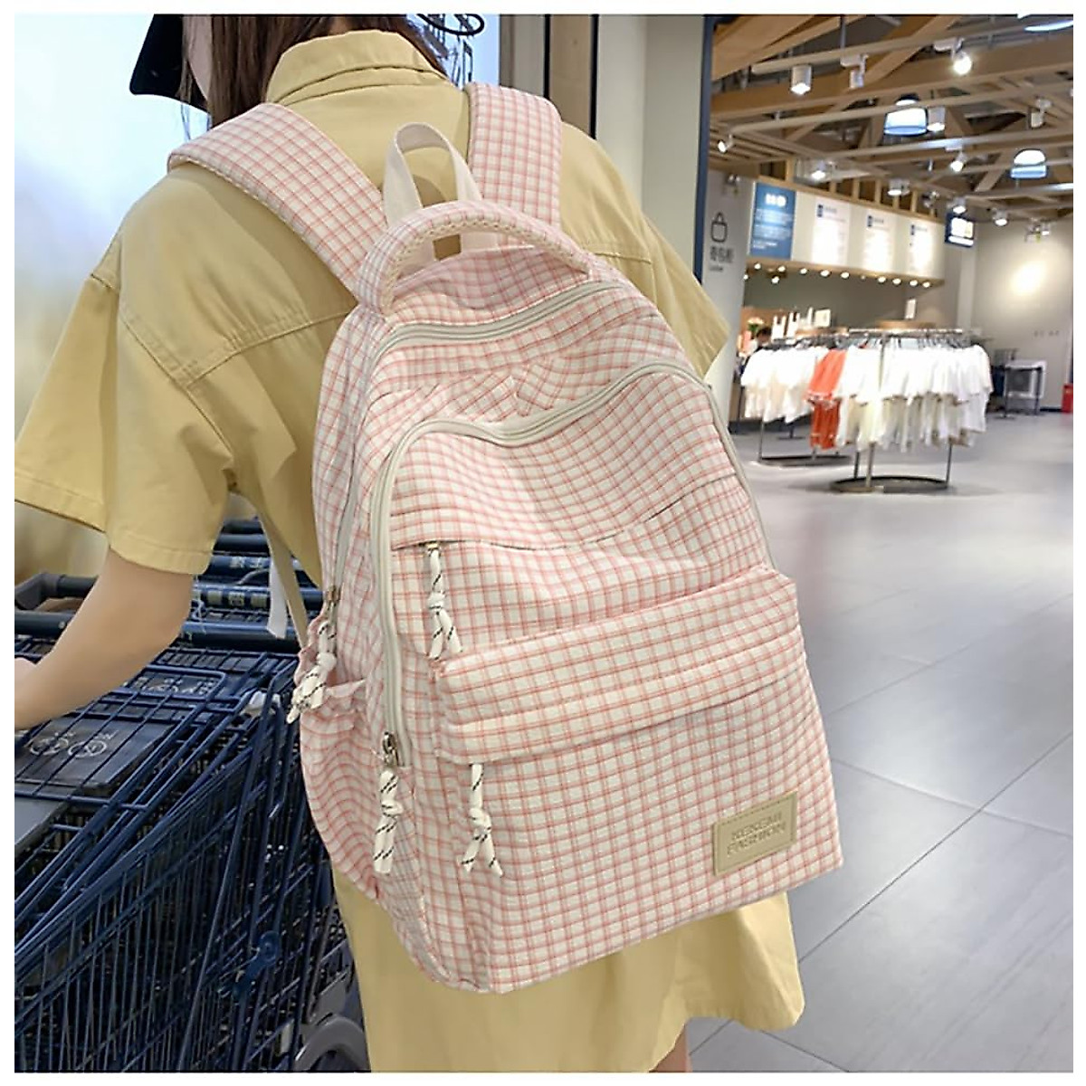 MOVEIF Striped Canvas Backpack with Cute Accessories Lightweight Shoulder Bag Casual Travel Daypack (Pink)