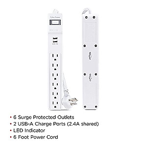 CyberPower P606URC2 Surge Protector, 500J/125V, 15A, 6 Outlets, 2 USB Charging Ports, 6 Foot Cord, White