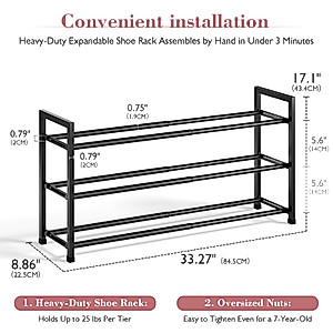 Bumusty 3-Tier Expandable Shoe Rack for Closet, 18“-33” Adjustable Shoe Rack for Small Space, Small Shoe Organizer for Front Door, Sturdy Metal, Black