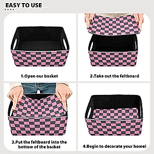 Checkerboard Pink Black Plaid Storage Basket Felt Storage Bin Collapsible Closet Baskets Decorative Baskets Organizer for Pet Supplies Magazine