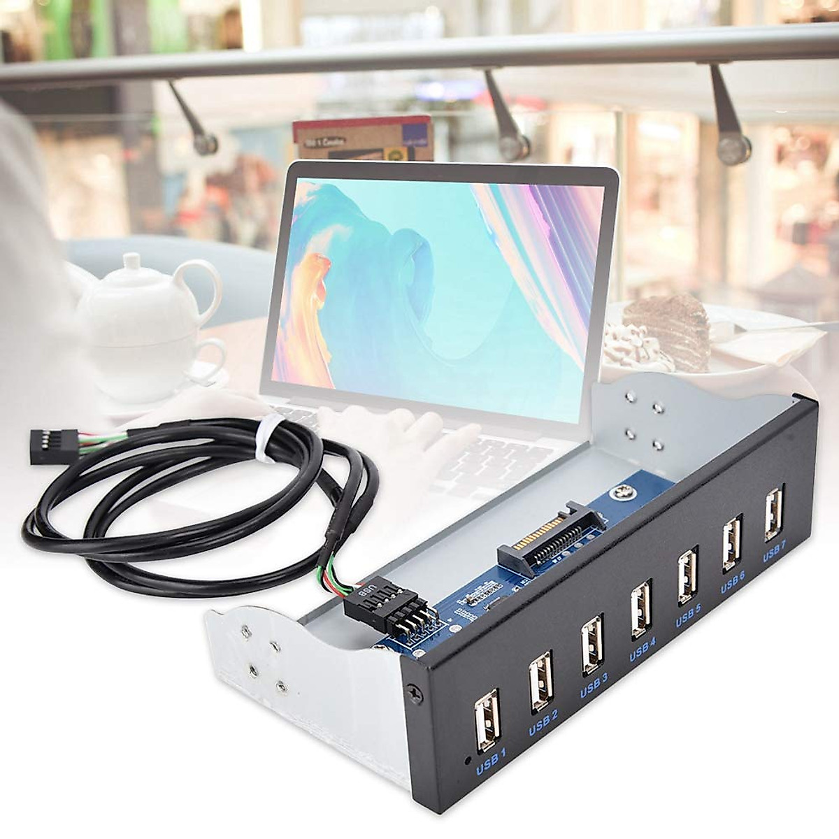 USB Front Panel, 5.25 Internal Front USB Hub Box Panel 7 Port USB2.0 Lossless Data Transmission USB Hub Drive Panel for 5.25in Computer Box
