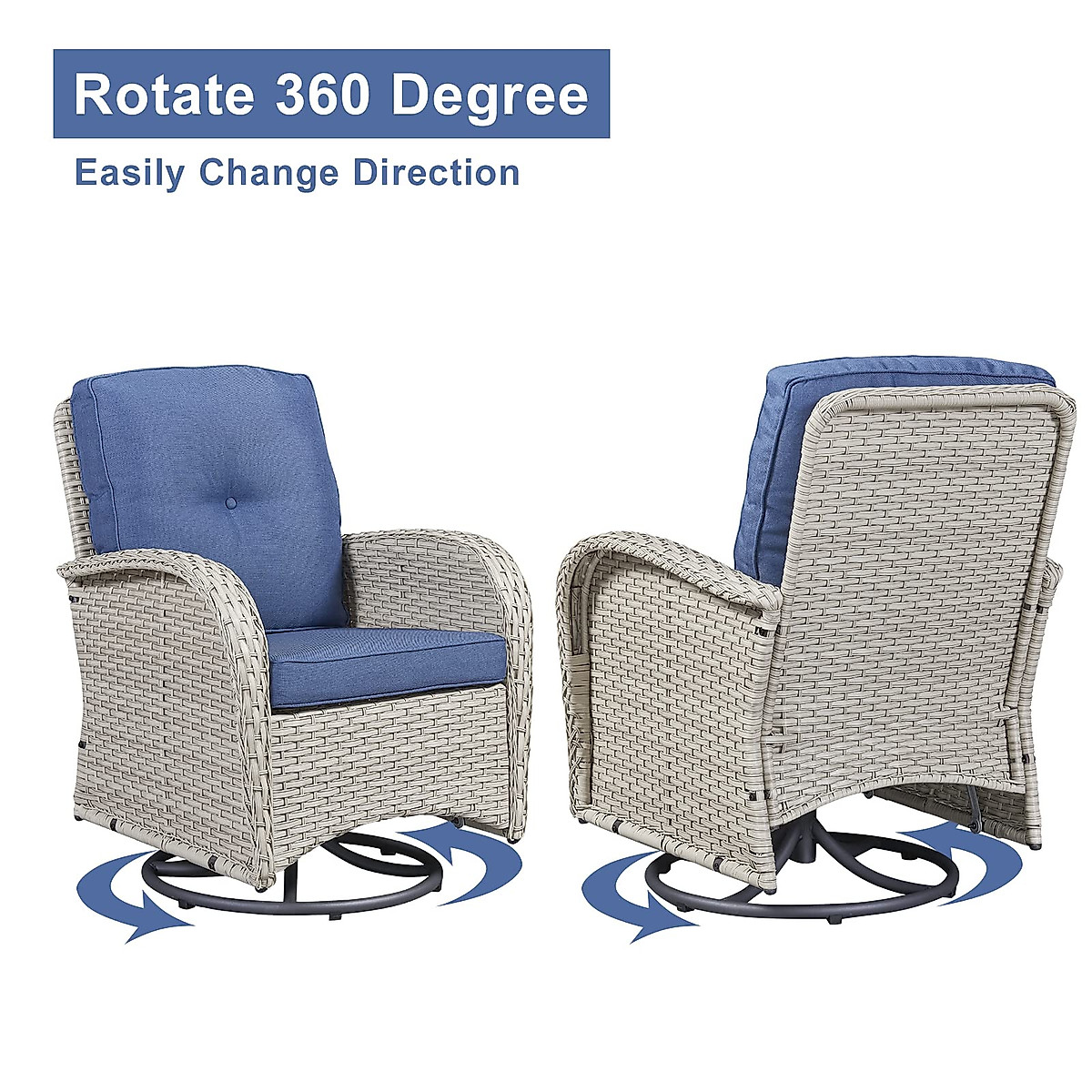 Rilyson Wicker Rocking Chair Swivel Chairs - 3PC Rocker Outdoor Furniture Set Rattan Patio Bisro Set with 2 Swivel Chairs and 1 Glass Top Side Table for Porch Deck(Grey/Blue)