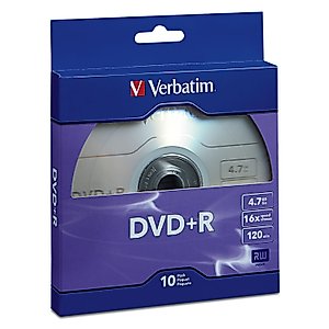 Verbatim DVD+R Blank Discs 4.7GB 16X Recordable Disc - 10 Count (Pack of 1)