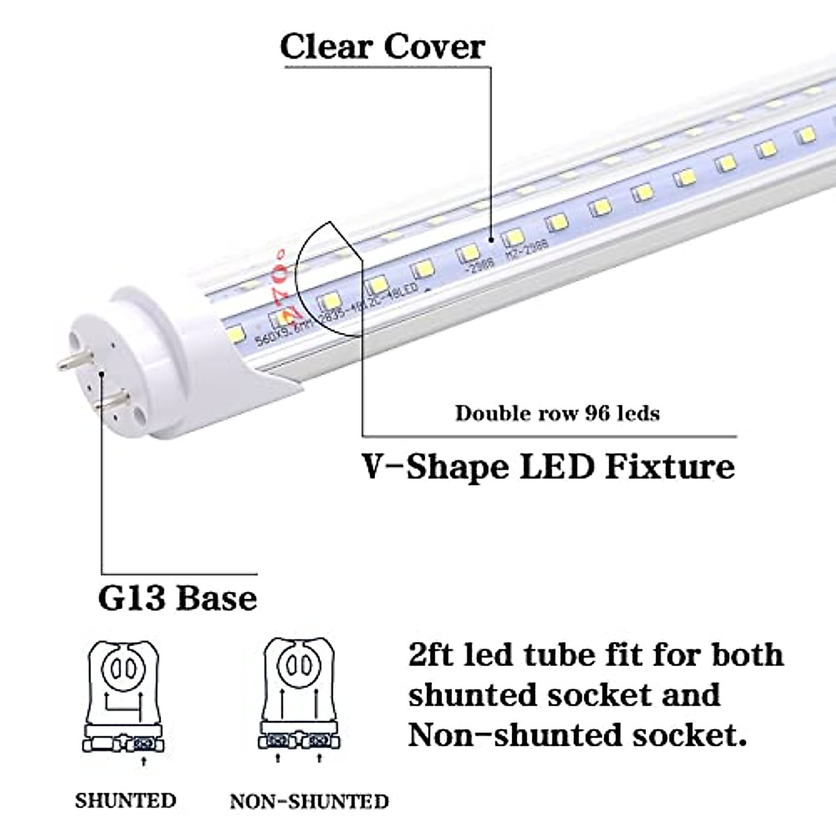KALINA 2FT LED Tube Lights, 15W(30W Fluorescent Bulb Replacement) V Shaped, 6000K Cool White, Ballast Bypass, Clear Cover, 4-Pack