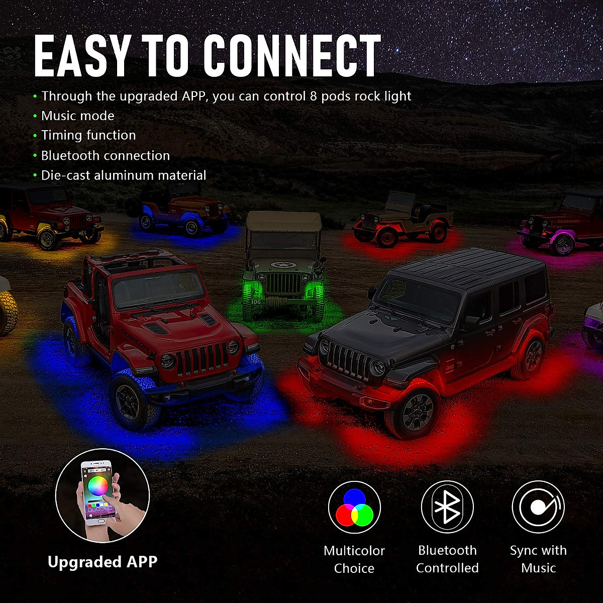 YCHOW-TECH RGB LED Rock Lights Kit, 8 Pods Multicolor Neon LED Light Kit with Bluetooth Control Music Mode, High Bright Multilcolor Waterproof IP68 Rock Light for Pickup Off Road RZR SUV ATV UTV Car