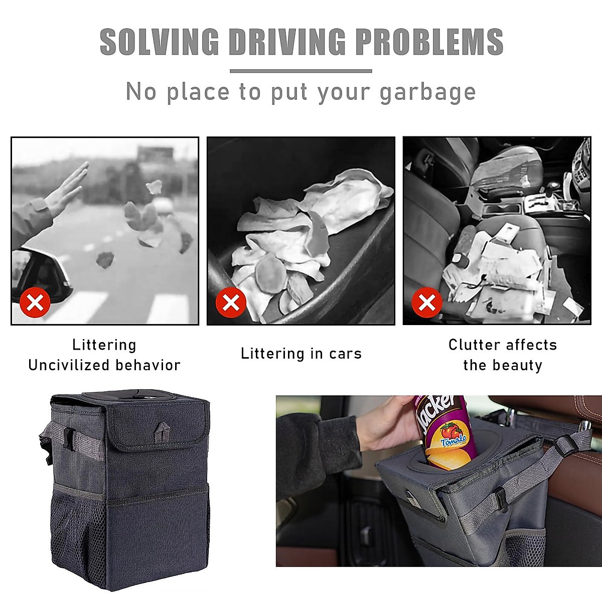 Kewucn Car Trash Can with Lid, Waterproof Mini Auto Garbage Can, Leak-Proof Vehicle Organizer and Storage Pockets, Hanging Collapsible Trash Bin, Universal Accessories for Most Cars (Gray)