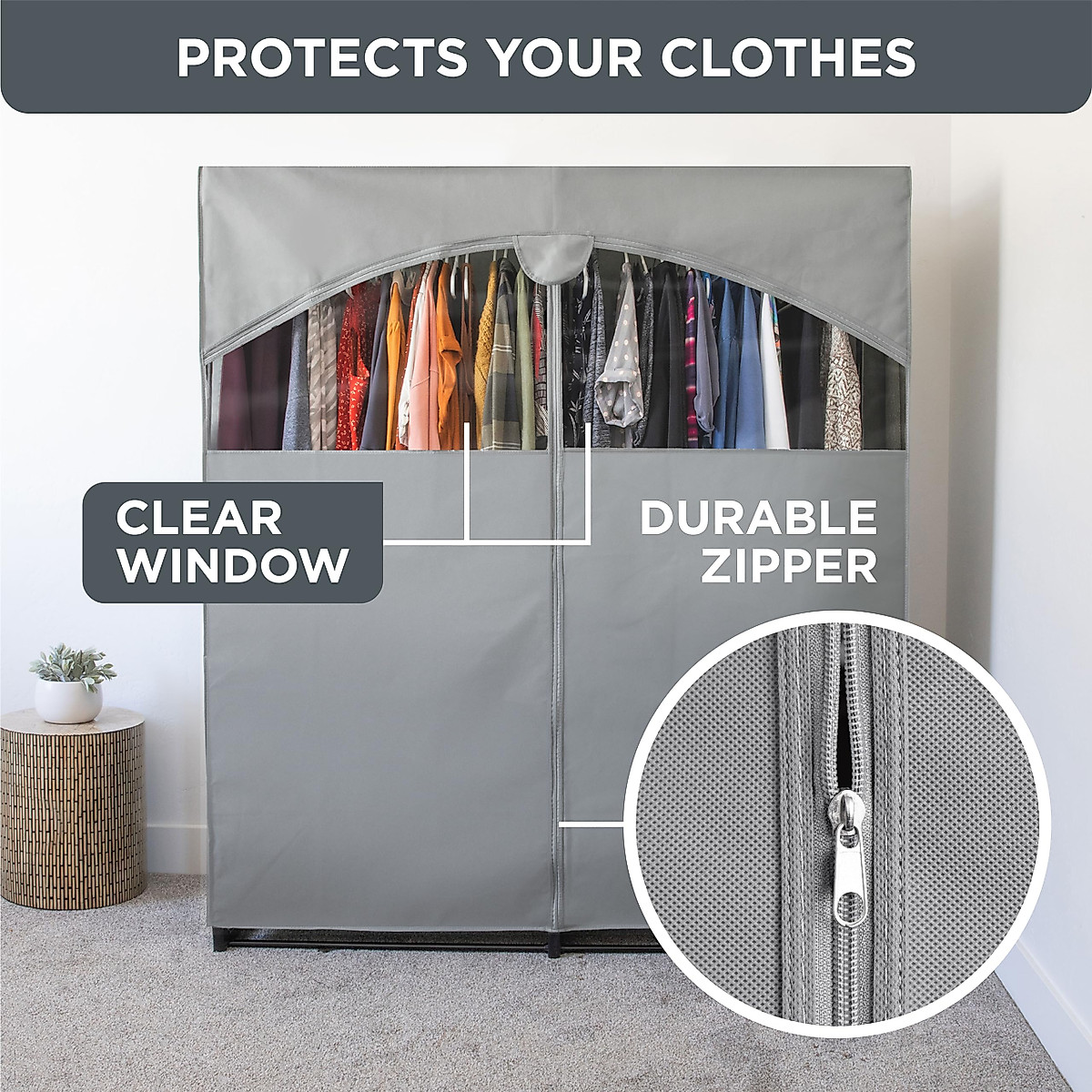 HOLDN’ STORAGE Portable Wardrobe Closet, Large - Premium Heavy Duty Metal Hanging Rod with Dark Gray Cover- 50 Lb. Weight Capacity- Super Easy Assembly, No Tools Required