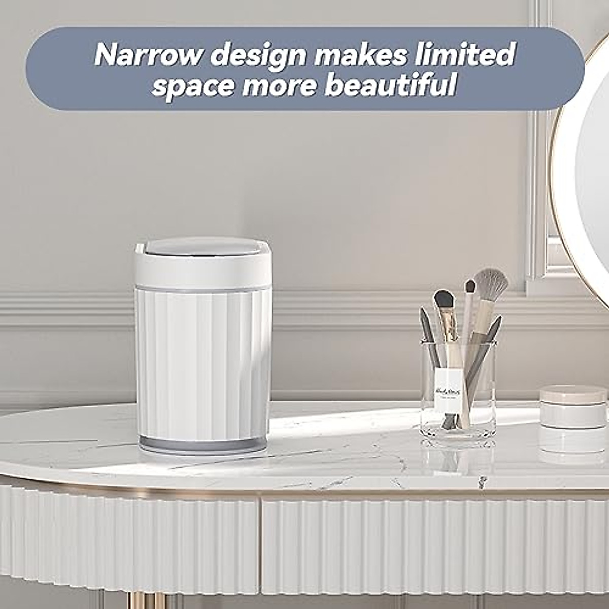 ELPHECO Mini Desktop Trash Can with Lid, Small Slim Automatic Garbage Can, 1.3 Gallon Motion Sensor Countertop Waste Basket for Bedroom, Office, Bathroom, White with Grey Trim