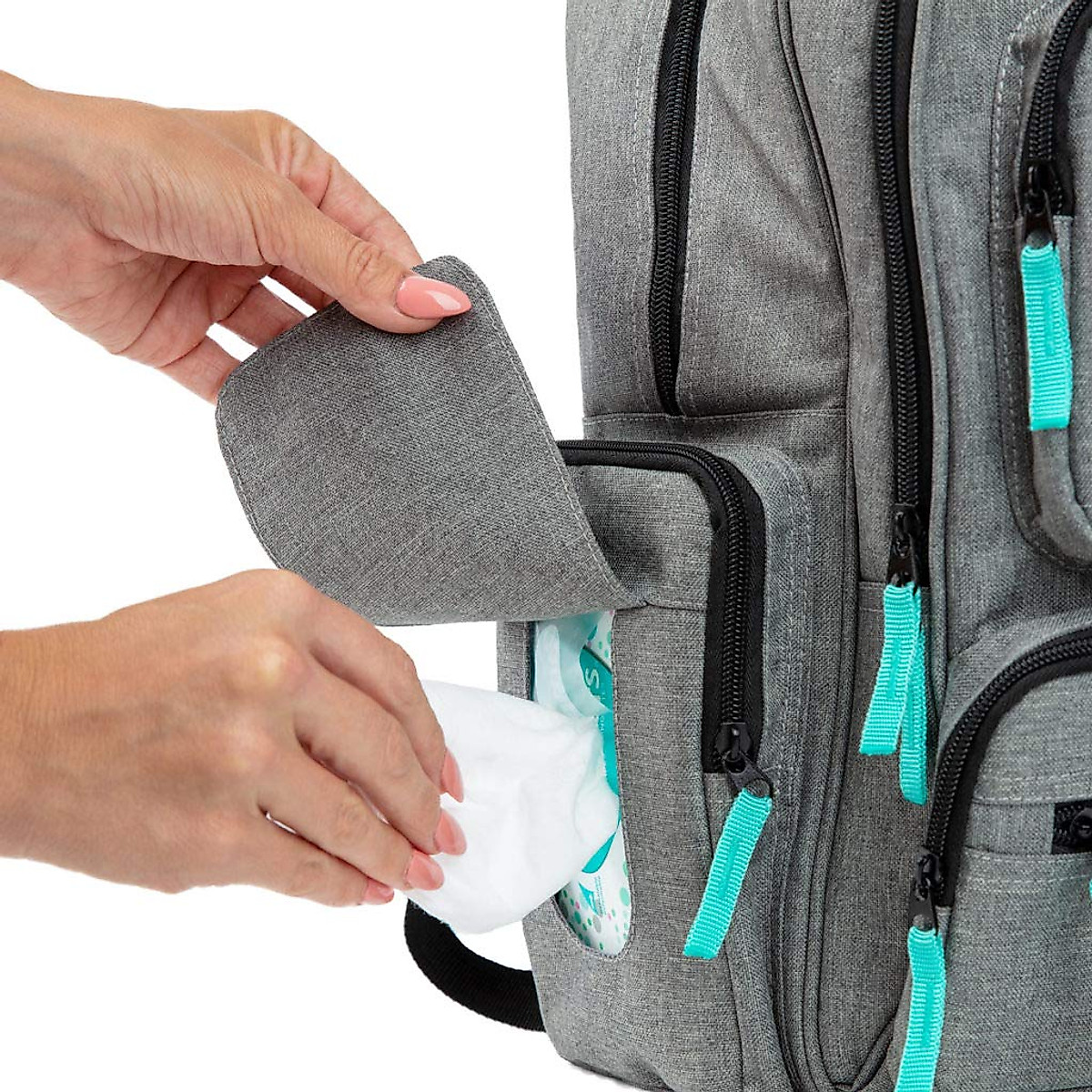 YavoBaby Diaper Bag Backpack - Large Capacity 18 Pocket Multi-Functional Unisex Diaper Bag - Extremely Durable and Stylish - Includes Changing Pad, Stroller Straps, and Nursing Pouch -Gray w/Teal Tags