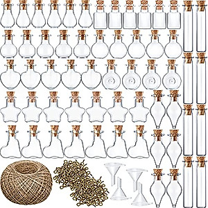 100 Pieces Small Mini Glass Bottles Jars with Cork Stopper Set Tiny Empty Refillable Wishing Bottles Drifting Bottles with Eye Screws Funnels and Rope for DIY Crafts Bead Containers, 10 Shapes