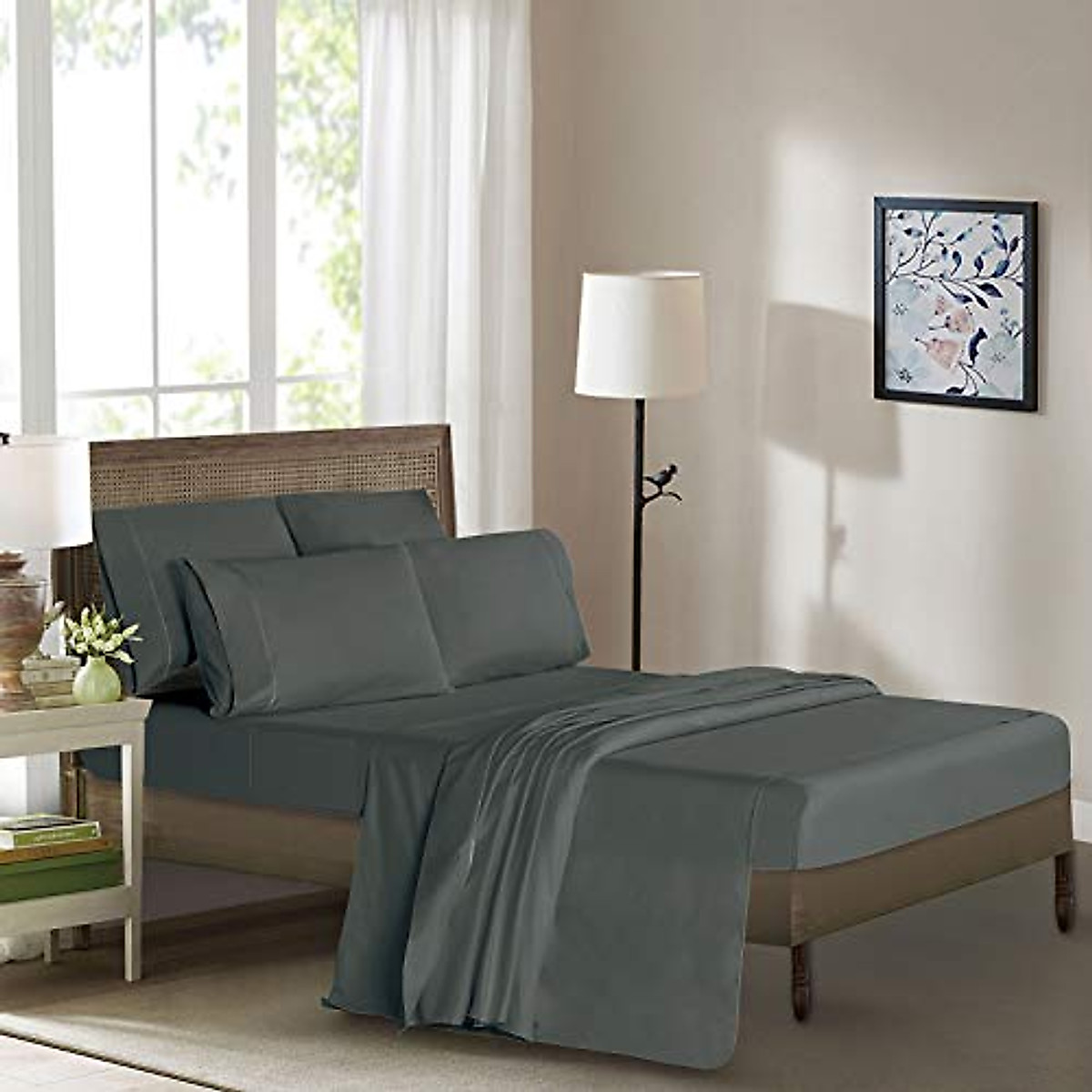 Mueller Ultratemp Bed Sheets Set, Super Soft 1800, 18-24 Inch Deep Pocket Sheets, Transfers Heat, Breathes Better, Hypoallergenic, Wrinkle, 6Pc, Dark Gray Queen