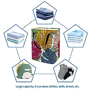 Colored Palm Leaves Print Collapsible Laundry Hamper, 60L Waterproof Laundry Baskets Washing Bin Clothes Toys Storage for Dorm Bathroom Bedroom