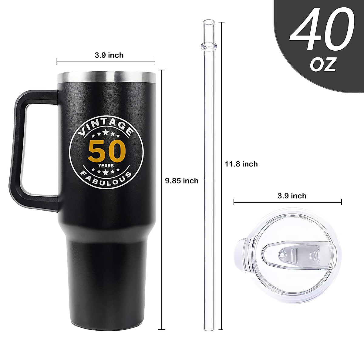 Qeenking 50th Birthday Tumbler - 40 OZ Stainless Steel Travel Mug with Handle and Straw - Keeps Drinks Cold/Hot for 12/6 Hours - The for Him/Her