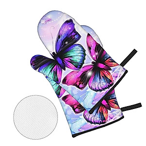 4-Piece Oven Glove and Pot Holder,Purple Butterfly (2),Heat-Resistant Oven Glove and Pot Holder,Can Be Used for Cooking and Grilling