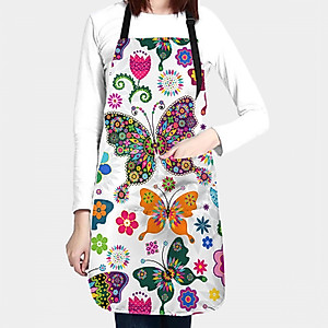 Kawani Colorful Butterflies and Flowers Apron Cute Art Adjustable Apron With 2 Pockets Abstract Aprons For Women Men Suitable For Kitchen Cooking Painting Grilling 28x33 Inch