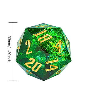 Cusdie Single D20 DND Dice with Sharp Edges and Glitter Foil Inclusions, 20 Sided D&D Dice, 33mm Handcrafted Polyhedral Dice, for Role Playing Game MTG Pathfinder (Green)