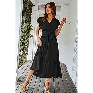 PRETTYGARDEN Women's 2023 Floral Boho Dress Wrap V Neck Short Sleeve Belted Ruffle Hem A-Line Flowy Maxi Dresses (Solid Black,Large)
