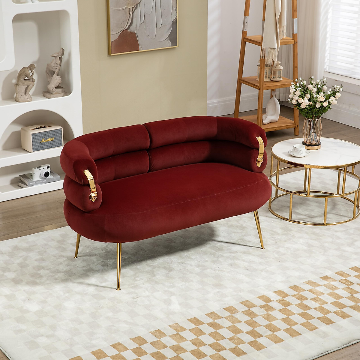 Loveseat Sofa Small Velvet Couch with Gold Metal Feet Modern Mini Settee Loveseat with Curved Back Comfy Accent Upholstered Cloud Sofa for Bedroom Small Spaces, 50'' Wine Red
