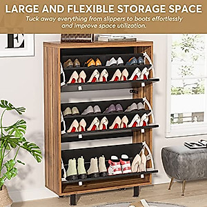 Tribesigns 3 Drawer Shoe Cabinet, Freestanding Shoe Rack Storage Organizer with Flip Door, Modern Tipping Bucket Shoe Cabinet for Entryway, Hallway, Bedroom, Small Spaces, Walnut & Black