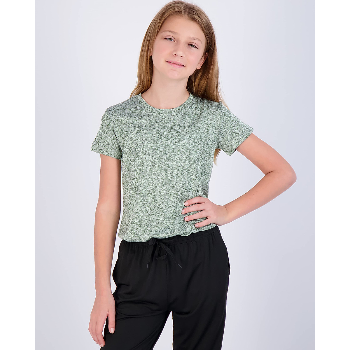 Real Essentials 4 Pack: Girls Short Sleeve Shirts Tees Active Quick Dry Fit Crew Neck T-Shirt Active Athletic Tops Soccer Sports Yoga Young Teen Chica's Kids Zebra Summer Clothes - Set 10, LG (14)