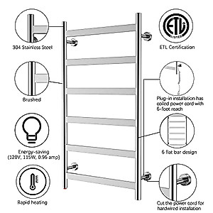 HEATGENE Towel Warmer 6 Flat Bar Towel Dryer Wall-Mounted Plug-in Bath Towel Heater - Brushed
