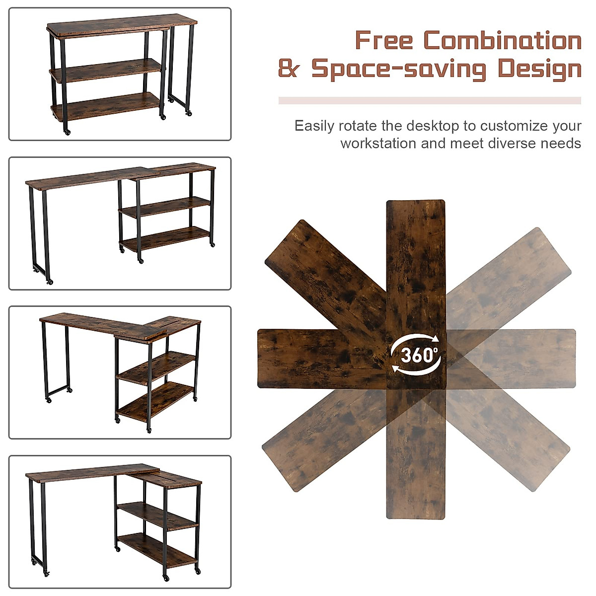 Tangkula Large 360° Free Rotating Sofa Side Table, Patented Mobile Couch Desk with 2-Tier Storage Shelves, Movable Laptop Table with Sturdy Metal Frame, Couch Table Snack Table for Home Office
