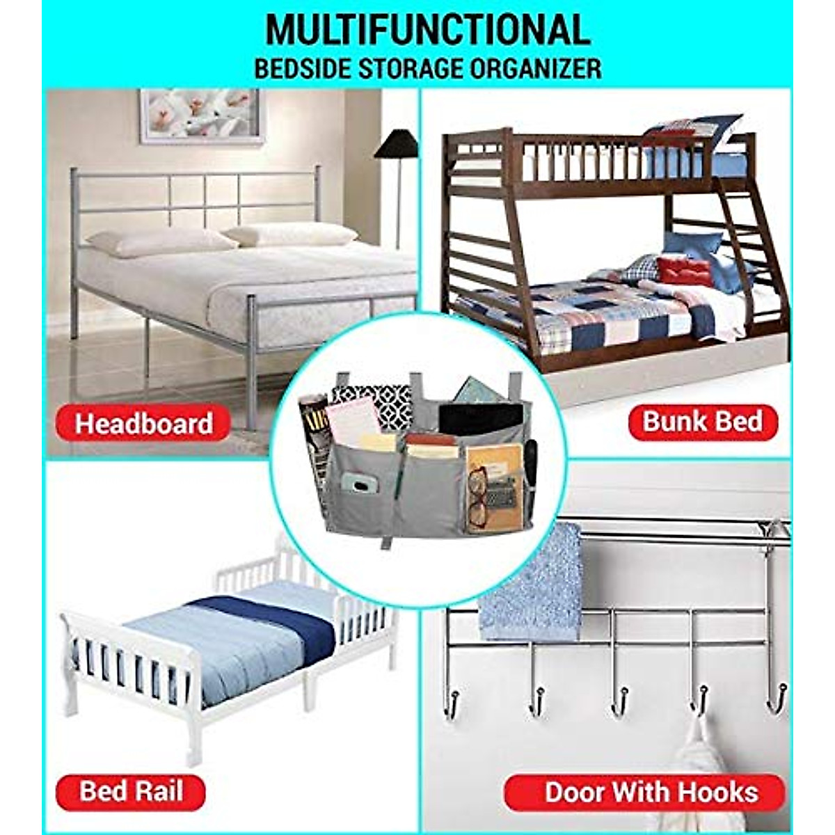 Corodo Bedside Caddy, Bedside Organizer for Dorm Bed, Bunk Bed Caddy with 8 Pockets for Baby Bed, Hospital Beds, Grey