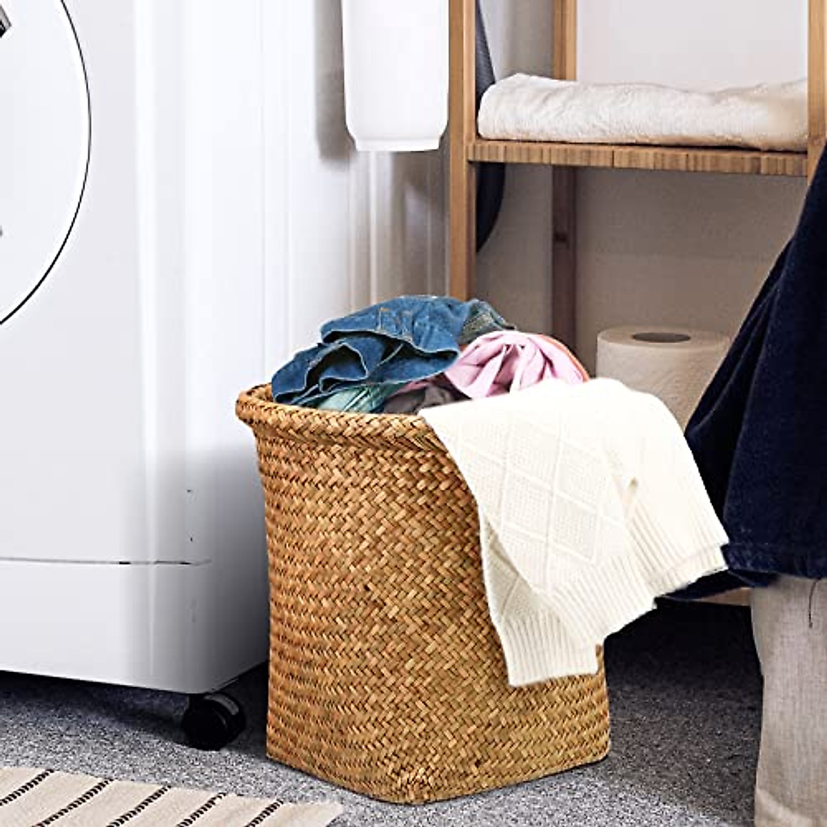 Operitacx Waste Basket Basket Woven Waste Rattan Trash Laundry Hamper Trash Can Garbage Container Bin Storage for Plant Pot Clothes Sundries 10.4X11.4 inch Laundry Wicker Seagrass Baskets