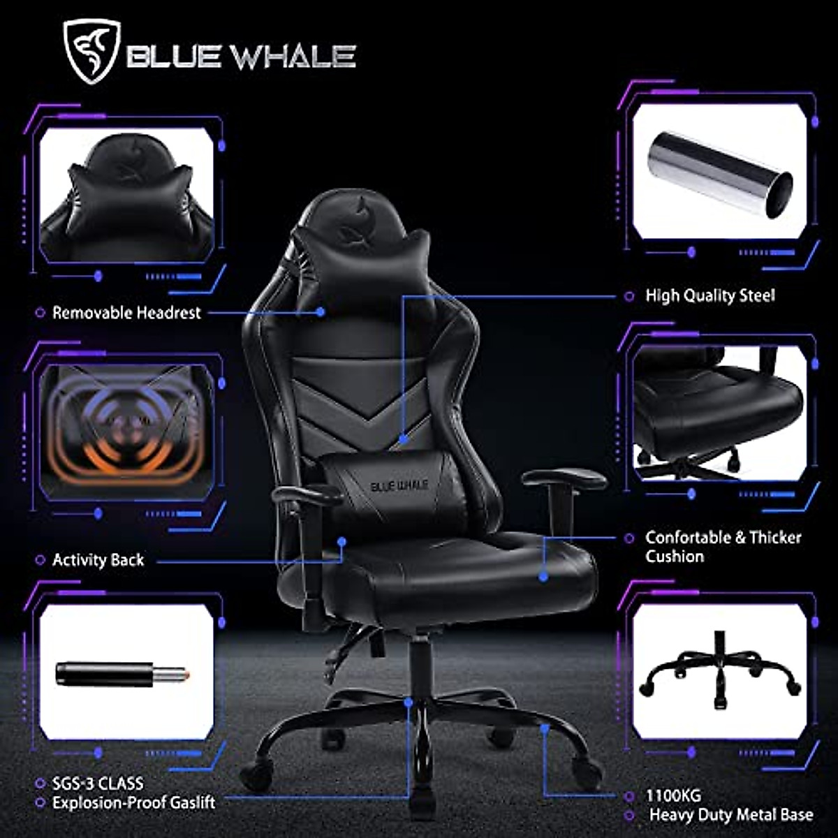 Blue Whale Massage Gaming Chair Desk Office Chair Ergonomic High Back Racing Computer Chair with Headrest and Lumbar Support Backrest, Seat Height Adjustable Swivel Chair(Black)