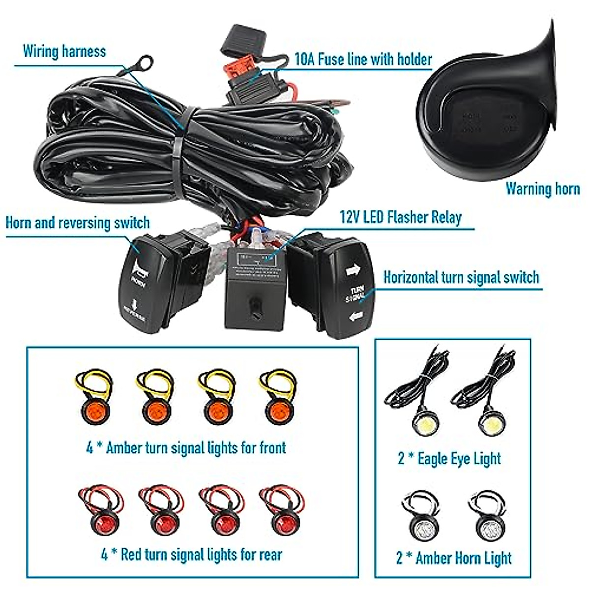 UTV ATV Horn Kit and Turn Signal Kit with Rocker Switch for Polaris RZR Ranger Honda Pioneer SXS Dirt Bike Turbo ​Can-Am Kawasaki Golf Cart Dune Buggy 4x4 Project Motorcycle…
