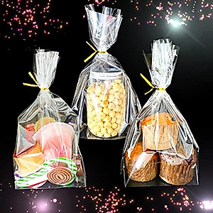 PigPotParty 8"x 11", 50Pcs Bottom Gusset Bags, Clear Cello Cellophane Treat Goodie Bags with 50x Twist Ties, Party Favor Packaging, Gift Mug Wrapping, Food Storage(No Side Gusset)