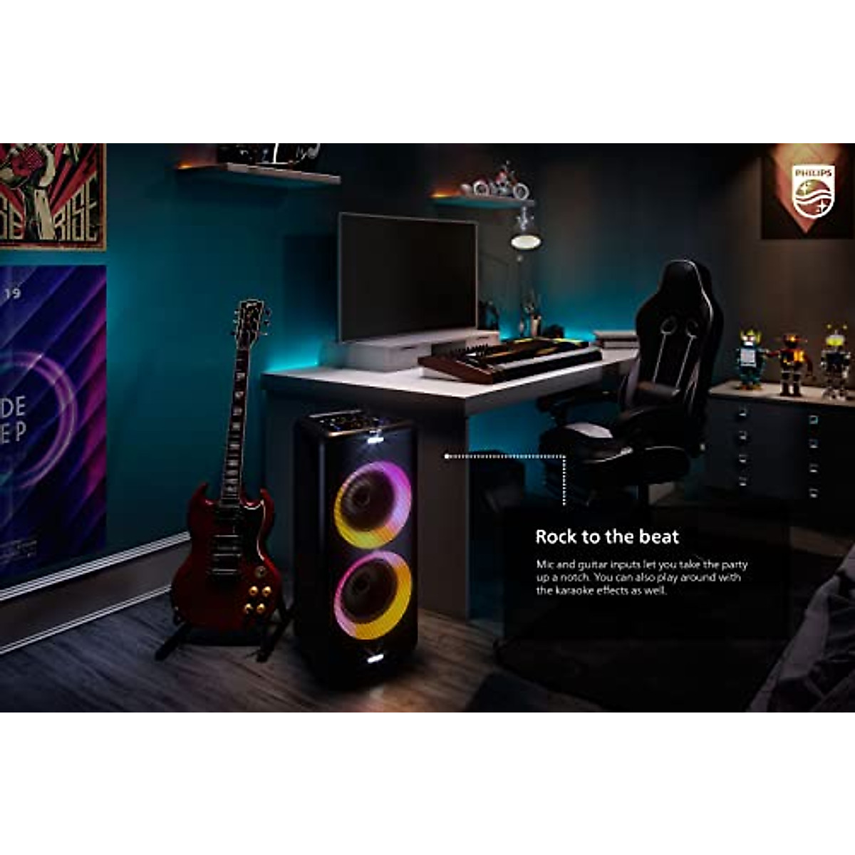 Philips X5206 Bluetooth Party Speaker with Extra bass, Up to 14 Hours Battery, Party Lights and Karaoke Effects, Microphone and Guitar Input, Audio-in, USB Charging, Built-in Trolley, TAX5206