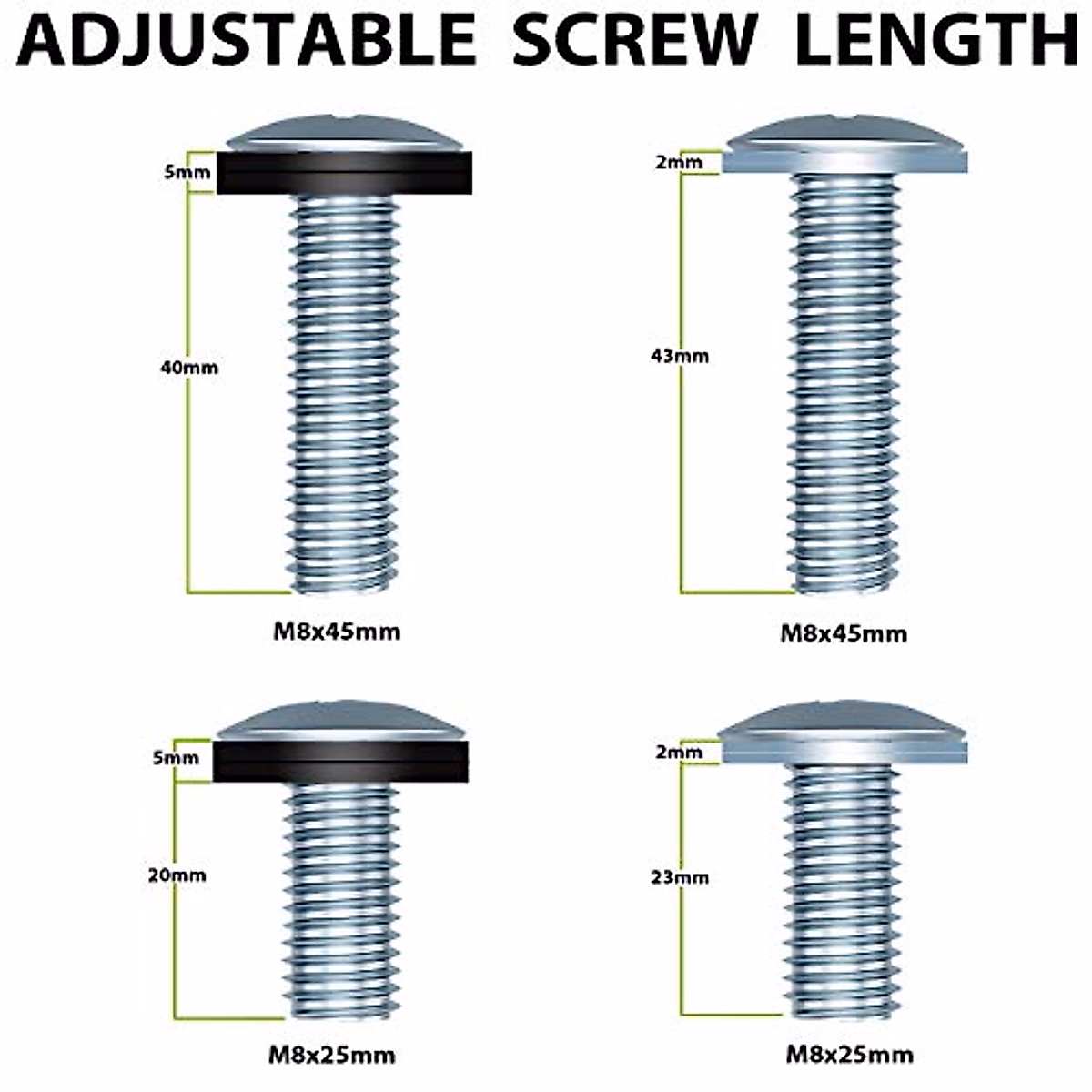 USX MOUNT TV Mounting bolts-M8x 45mm and M8 x 25mm (4PCS) TV Mounting Screws Compatible for Samsung TV with 2.5mm Spacers & 8.5mm Washer