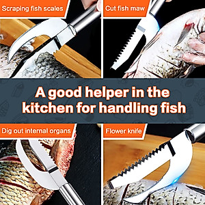 Fish Scale Knife Cut Scrape Dig 3-in-1 Tool, Stainless Steel Fish Maw Knife Fish Scaler Remover, Multifunction Fish Peeler Open Belly and Dig Out Fish Cleaner Tool Kitchen Accessory