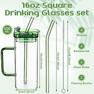 Rtteri 6 Sets Square Glass Cups with Lids and Straws Coffee Cups with Handle Drinking Glasses Wide Mouth Multi Colored Glass Tumbler with Handle for Home Employee Coworkers (16 Oz, Medium)