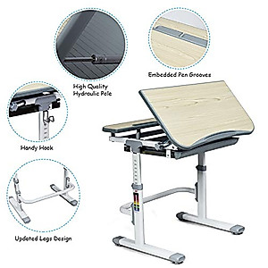 BABY JOY Kids Desk and Chair Set, Height Adjustable, Children Study Table with Tilted Desktop, Pull Out Spacious Storage Drawer, Student Writing Desk for Studying, Reading and Drawing (Gray)