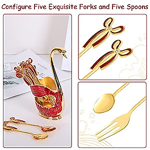 Gusnilo 11PCS Coffee Spoon Dessert Fork Dinnerware Set,Swan Base Holder with 5 Forks and 5 Spoons Metal Dinnerware Set Mini Dessert Spoons Use for Family Dessert Shop (Red,Swan)