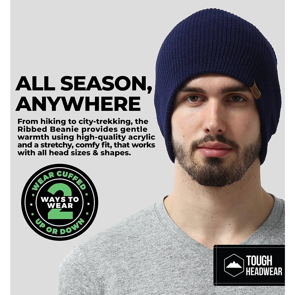 Tough Headwear Beanies for Men & Women - Knit Beanie, Warm & Soft Ribbed Beanie, Daily Knit Hat, Women & Mens Toboggan Hat for Cold Weather Navy Blue