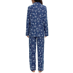 Tugege Pajamas Set Long Sleeve Sleepwear Womens Button Down Nightwear Pj Sets (Deep Blue Peony, XX-Large)